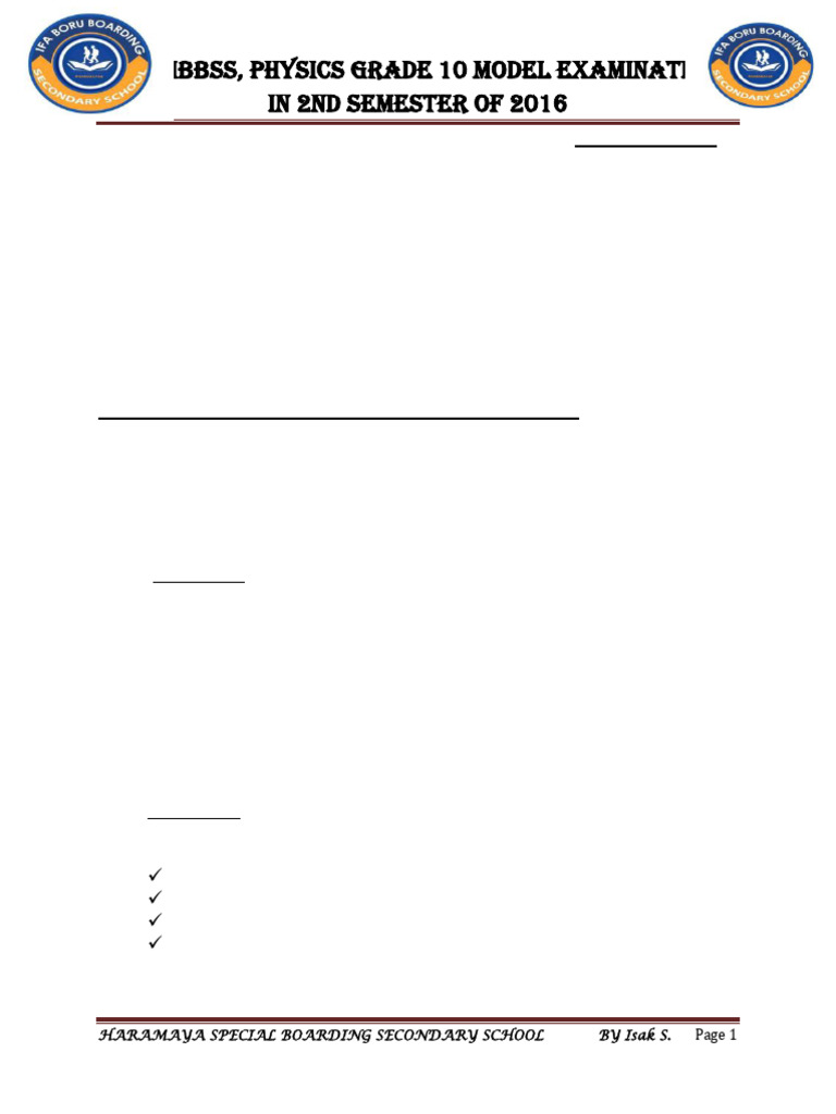 Grade 10 Physics Model Exam 2016 | PDF | Magenta | Cyan