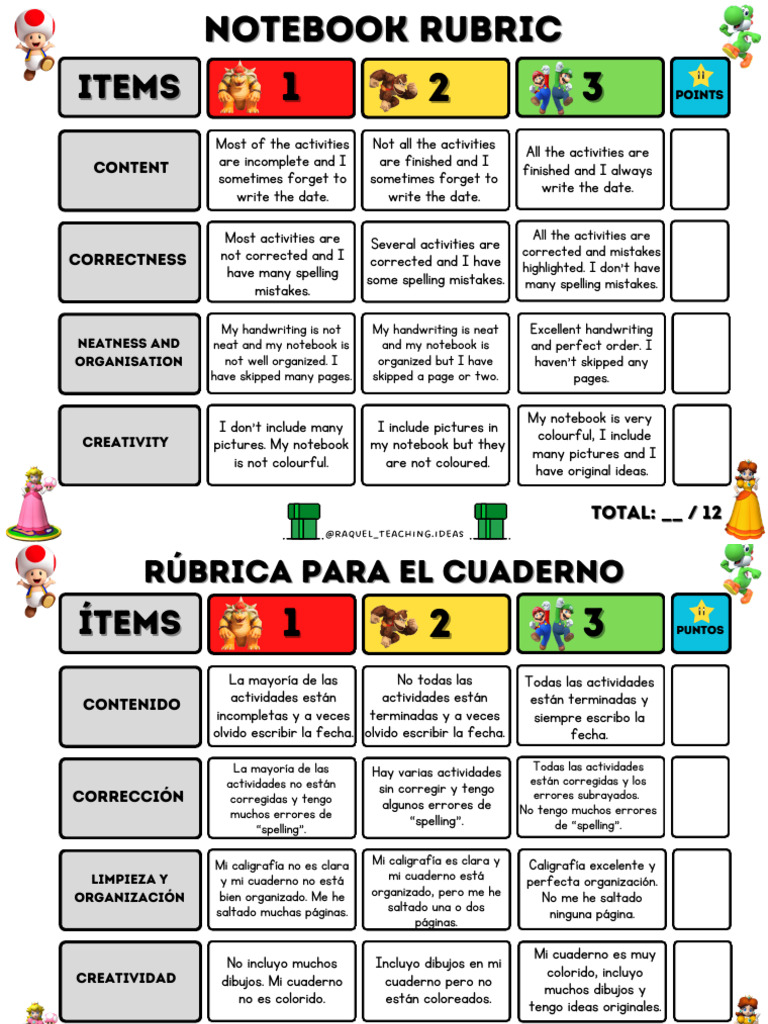 Notebook Rubric Rúbrica Cuaderno Super Mario | PDF