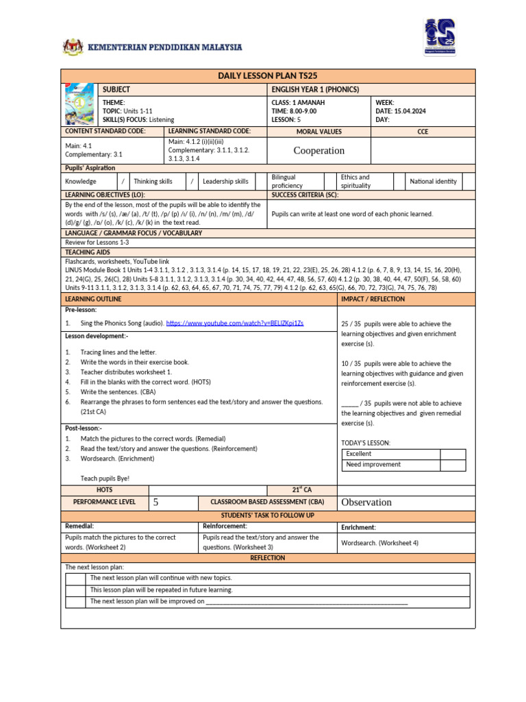 RPH Week 5 2024 | PDF | Lesson Plan | Phonics