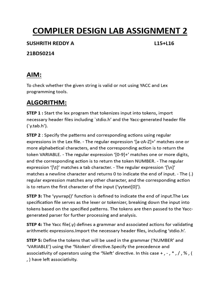 Compiler Design Lab Assignment 2 - 21BDS0214 | PDF | Grammar | Metalogic