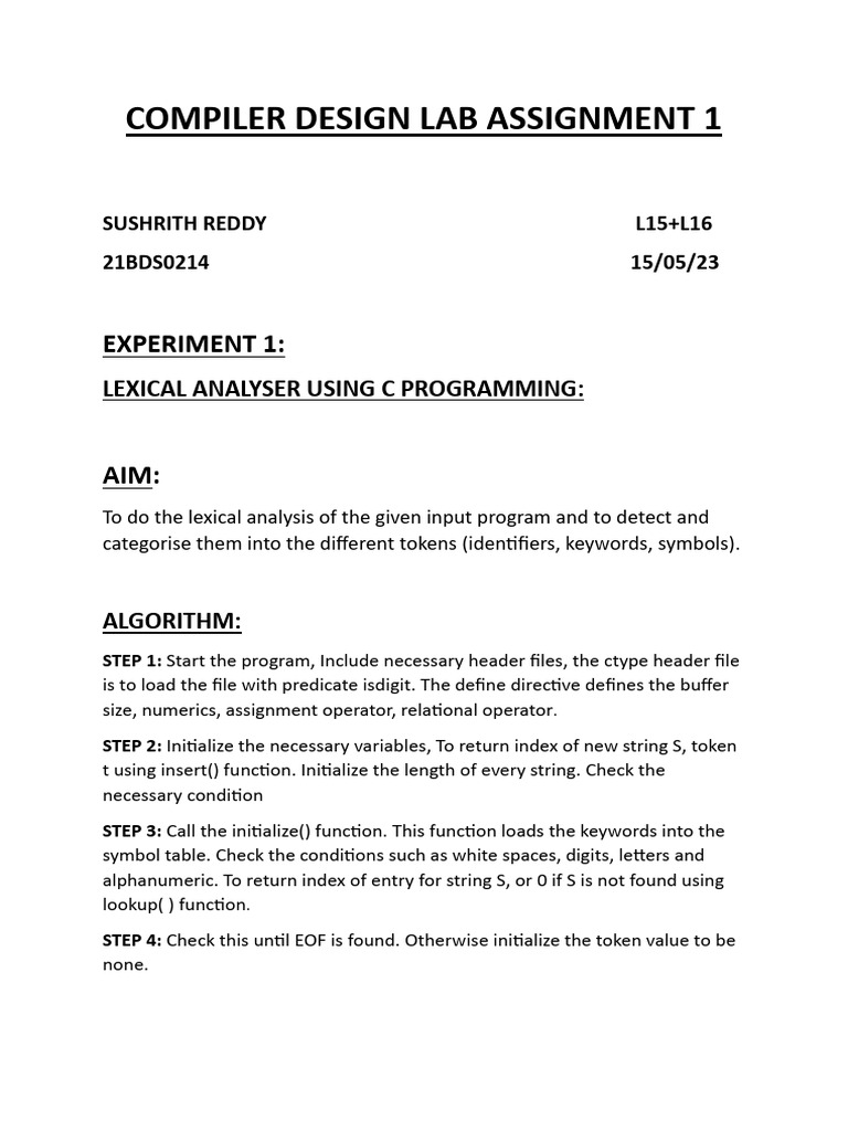 Compiler Design Lab Assignment 1 21bds0214 Pdf Computer Program Programming