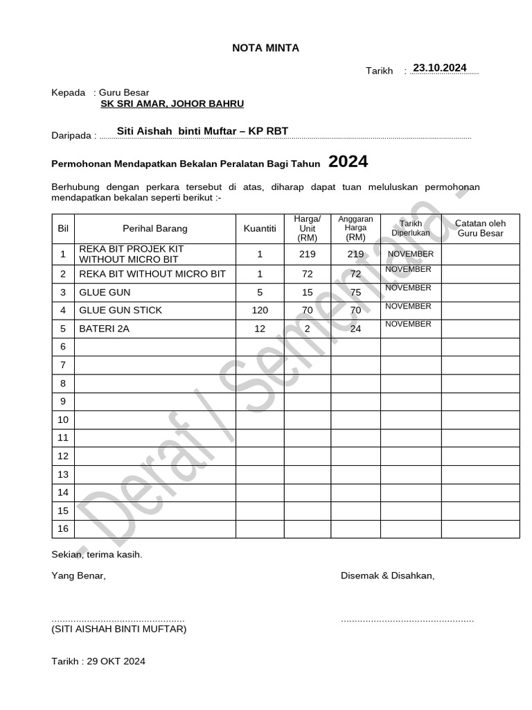 RBT Nota Minta OKT 2024 | PDF