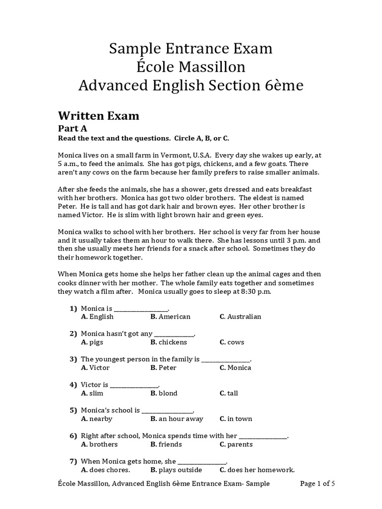 Massillon Advanced English Exam Sample | PDF
