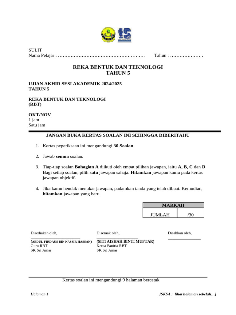 Uasa RBT THN 5 Sksa | PDF