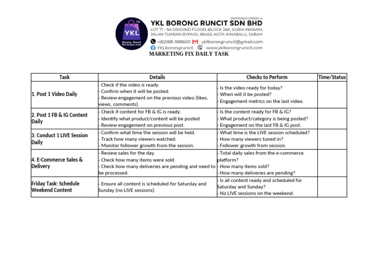 Daily Marketing Task Checklist | PDF