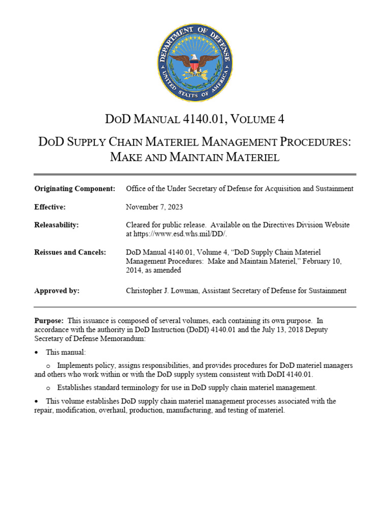 DoDM.4140.01.Vol.04 - DoD Supply Chain Materiel Management Procedures Make and Maintain Materiel ...