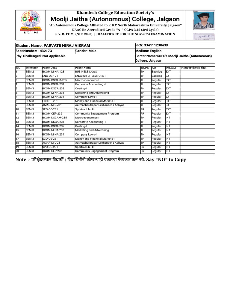 Exam Hall Ticket Print@College - instituteShortName | PDF