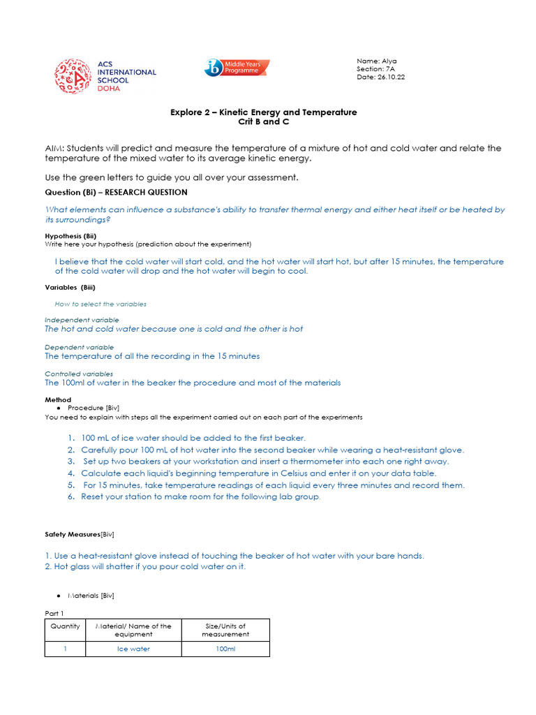 Alya Crit B&C Summative Assessment - Explore 2 | PDF | Temperature | Heat