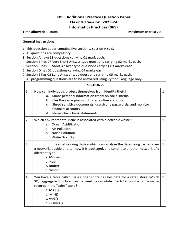 Informatics Practices Sample Paper 2 CBSE Class 12 | PDF | Sql | Table (Database)