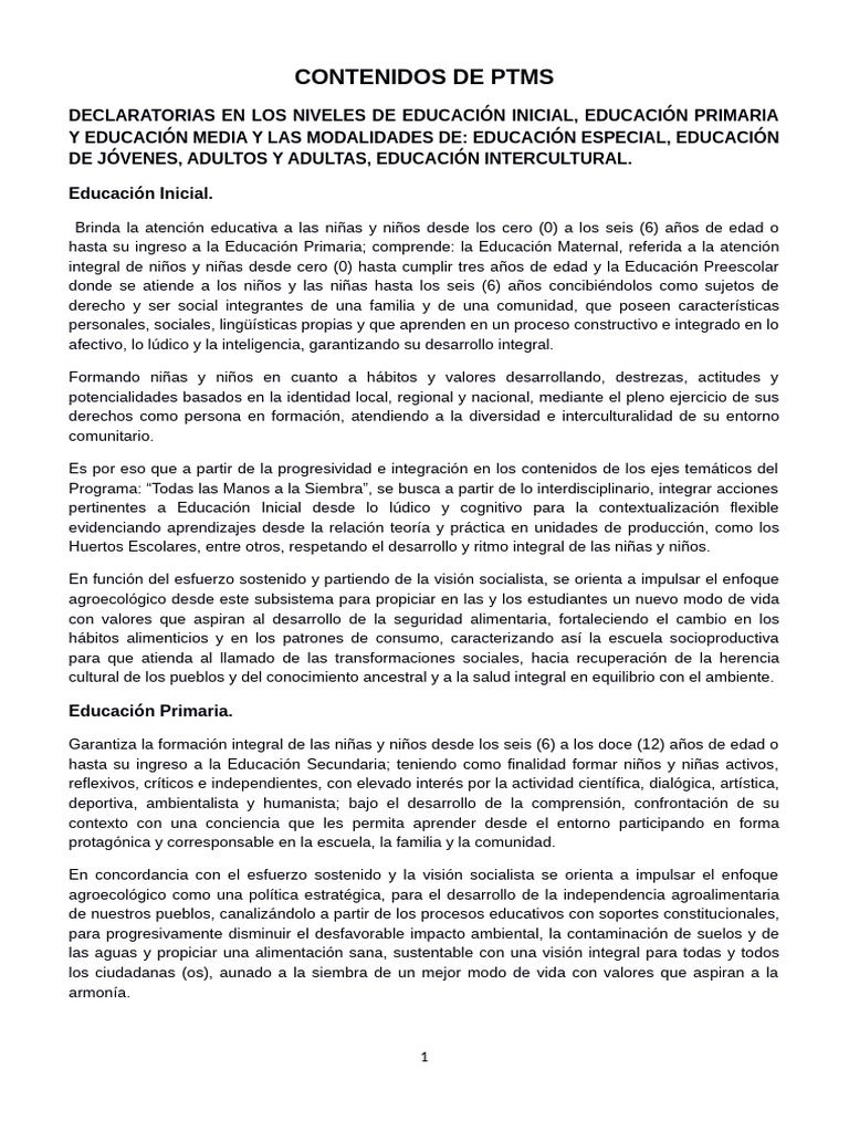 Contenidos PTMS | PDF | Educación de la primera infancia | Agroecología