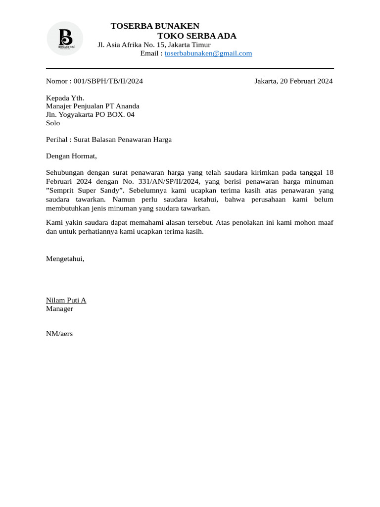 Surat Balasan Penawaran Harga | PDF