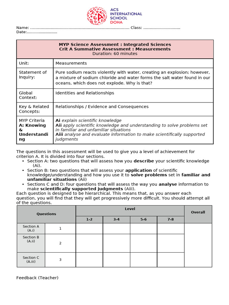 GR 9 Criterion A Formative Assessment Measurement | PDF | Density ...