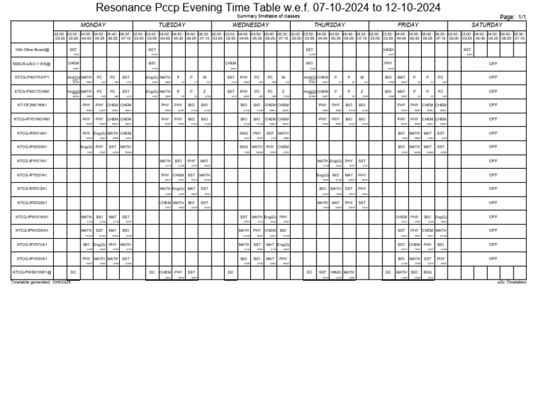 Evening Time Table W e F 07-10-2024 To 12-10-2024 | PDF