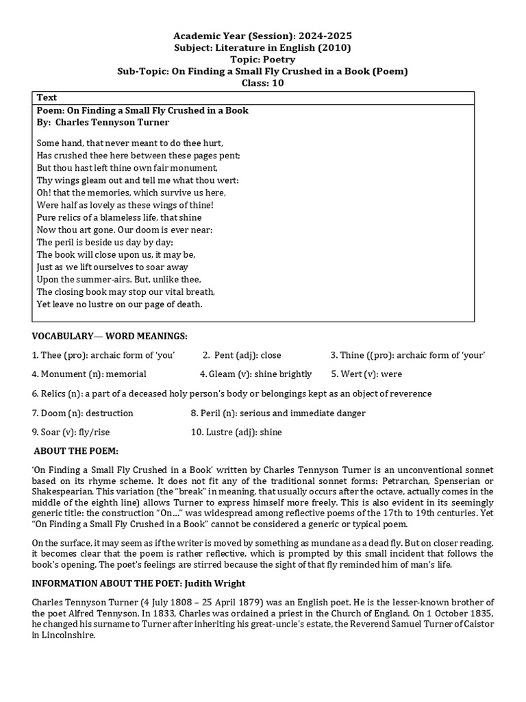 On Finding A Small Fly Crushed in A Book | PDF | Poetry | Thou