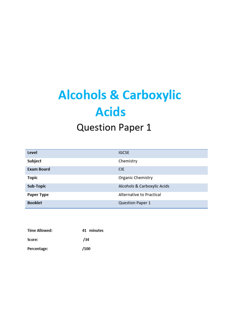26.1 Alcohols - Carboxylic Acids CIE IGCSE Chemistry Practical QP | PDF ...