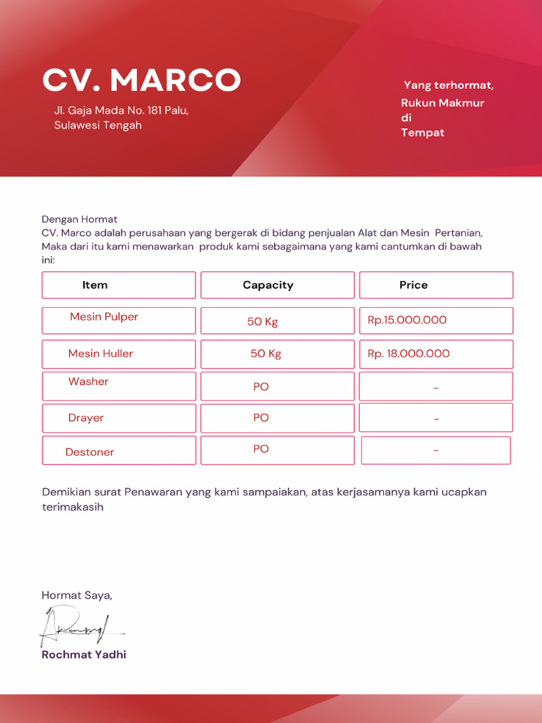 Surat Penawaran Cv. Marco-1 | PDF