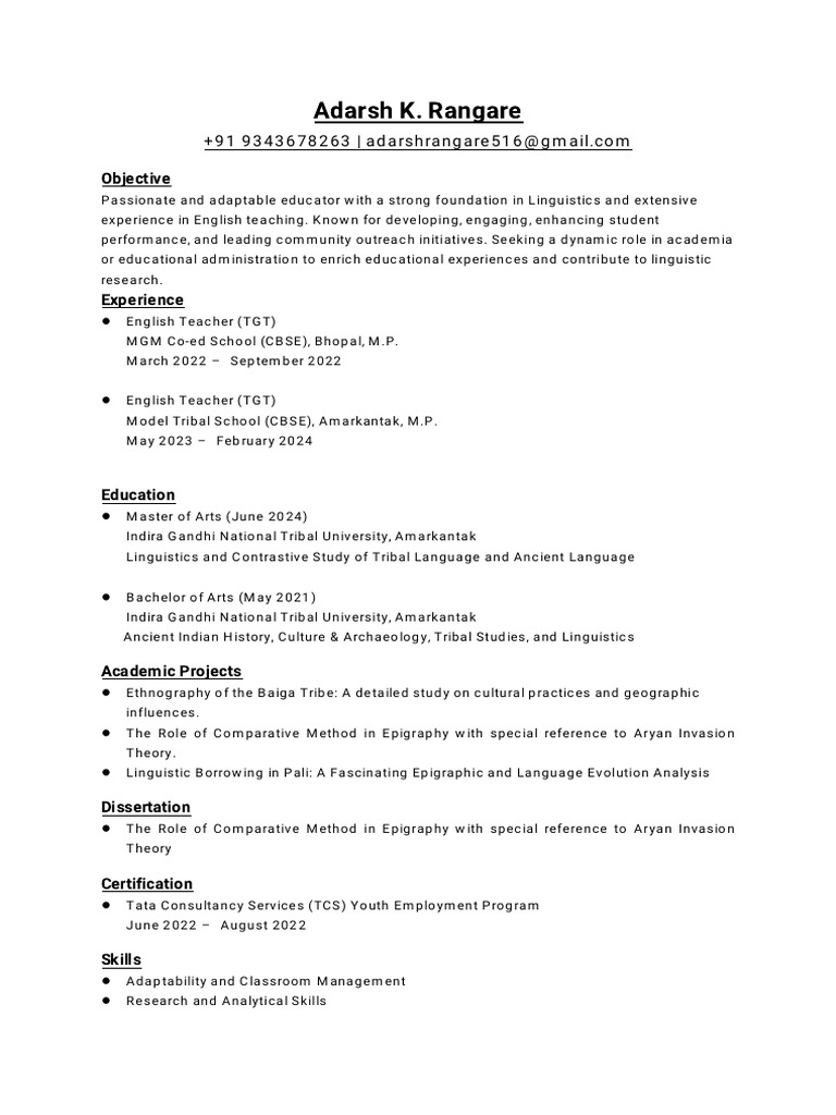 Adarsh K. Rangare: Objective | PDF | Career & Growth | Foreign Language ...