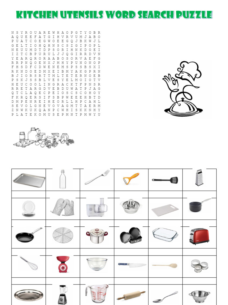 Kitchen Utensils Word Search Puzzle | PDF | Kitchen Utensil | Cuisine