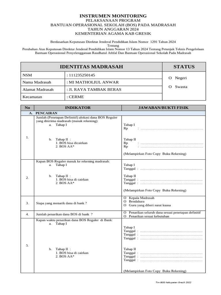 Instrumen Monev Bos Mi Tahap 1 2024 (SDH Di Sesuaikan) | PDF