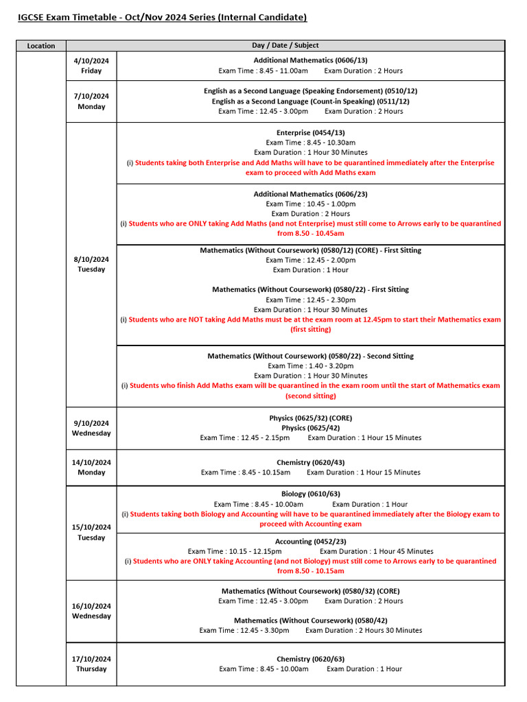 IGCSE Oct/Nov 2024 Exam Timetable | PDF | Educational Stages ...
