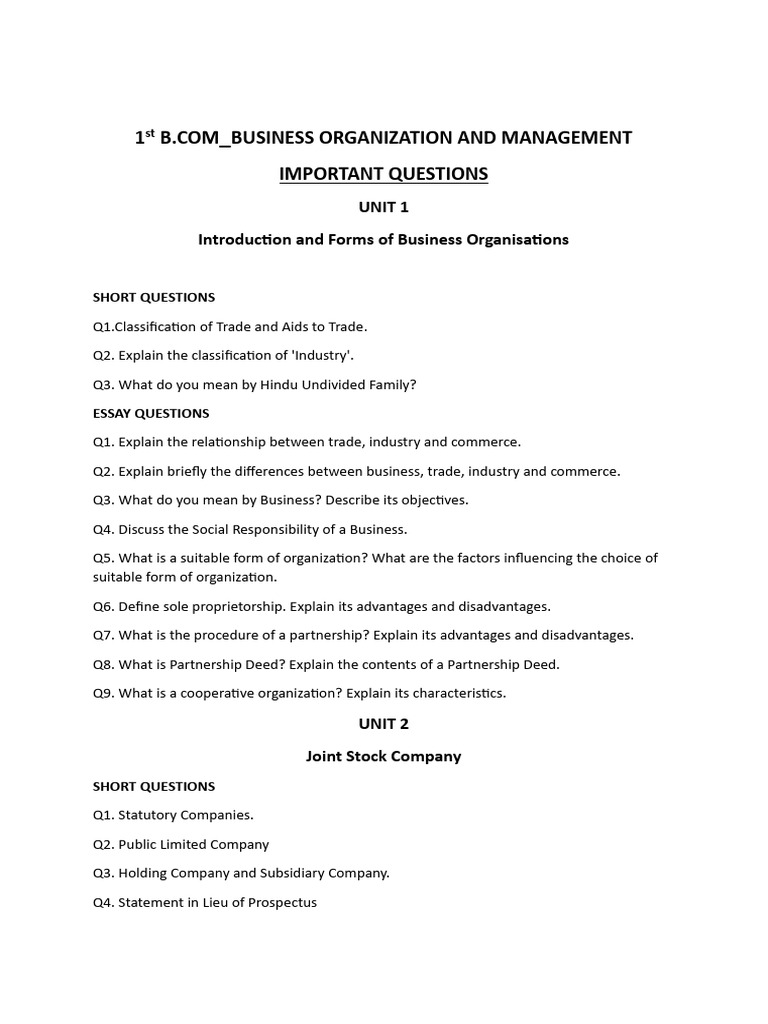 BOM Important Questions | PDF | Business | Business Economics