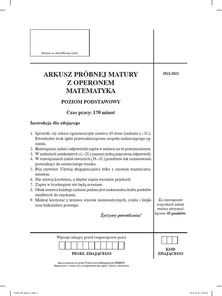 01 - 20 N7699 Matematyka PP Arkusz 1 - Body | PDF
