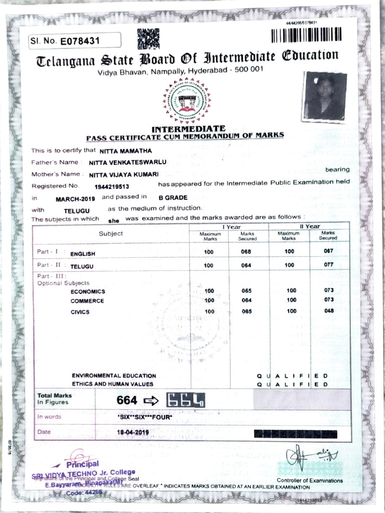 Mamatha Inter Memo | PDF