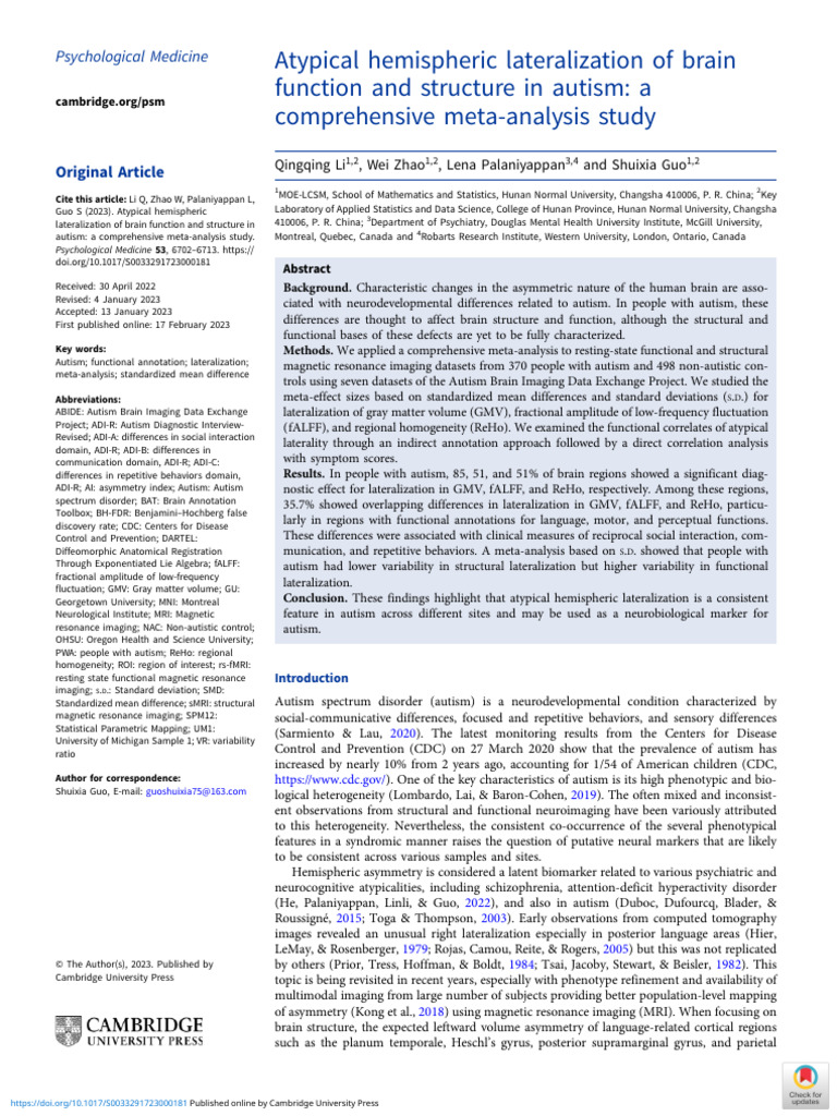 Atypical Hemispheric Lateralization of Brain Function and Structure in Autism: A Comprehensive ...
