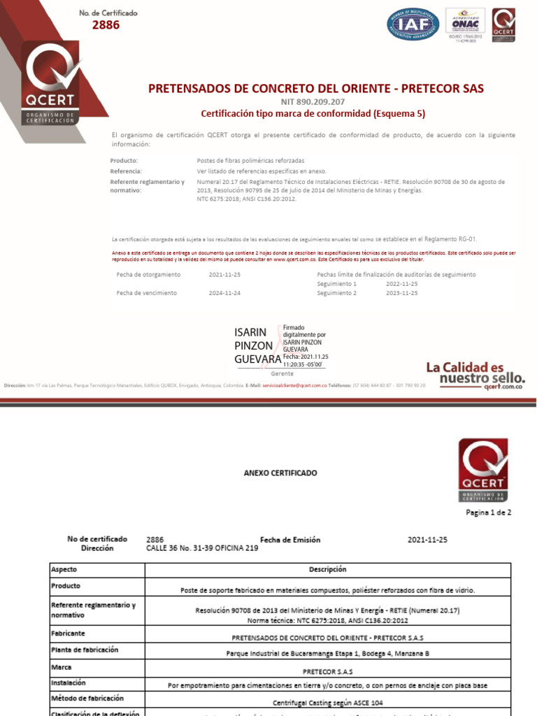 Certificado RETIE PRFV No. 2886 QCERT | PDF | Materiales