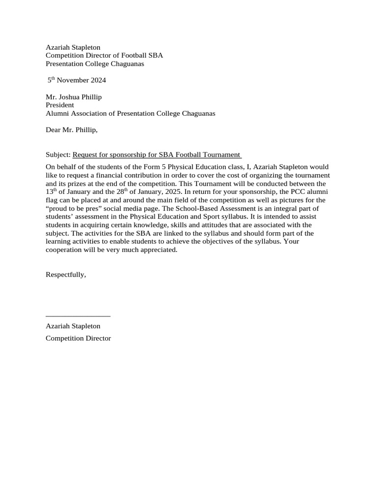 Sponsorship Request for SBA Football Tournament | PDF