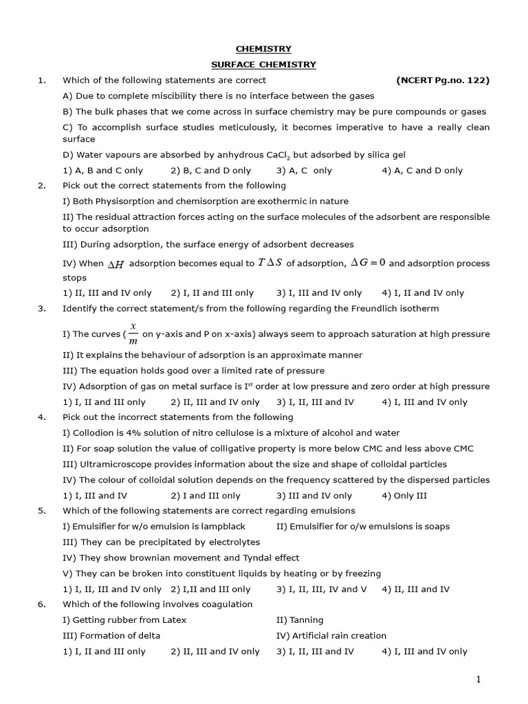 Surface Chemistry Class 12 NCERT Assignment | PDF | Adsorption | Catalysis