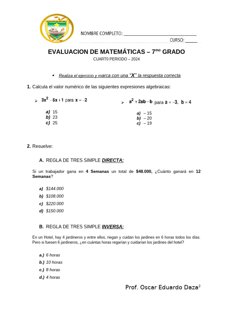 Evaluación Matemáticas 7mo Grado 2024 | PDF