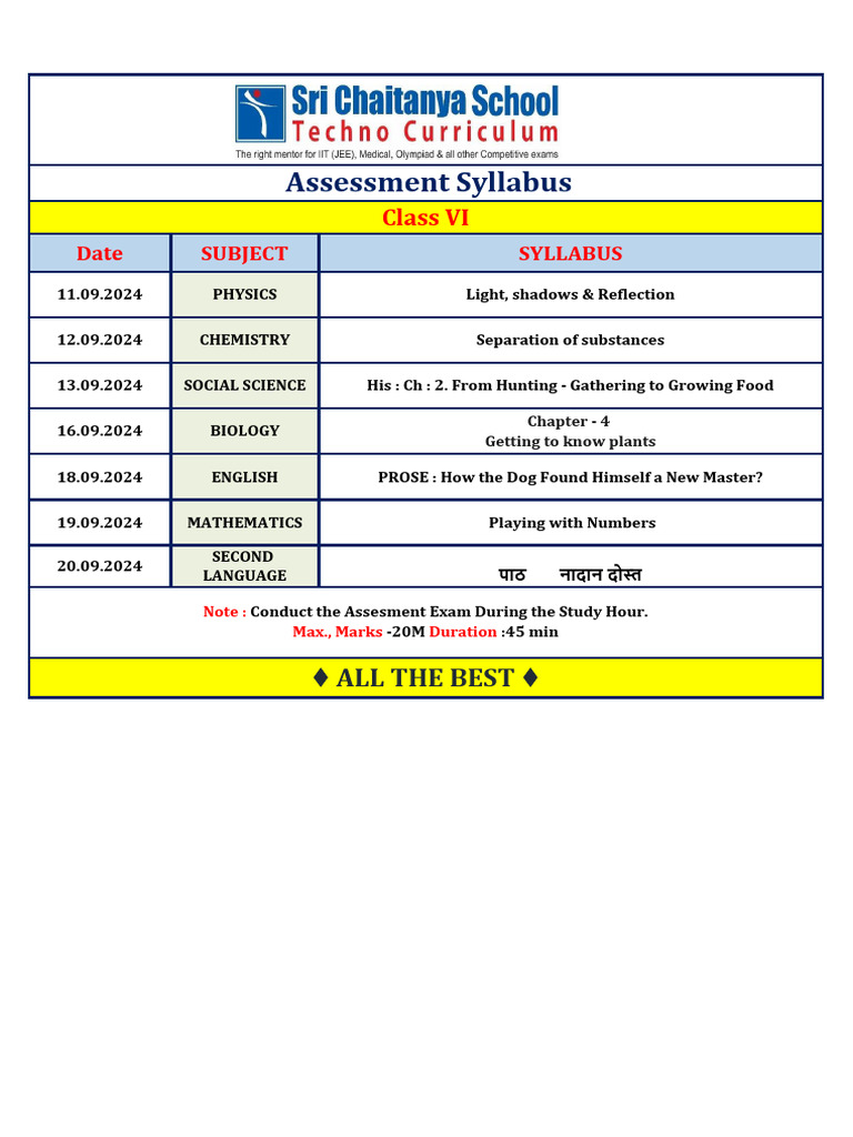Class VI Assessment Schedule | PDF