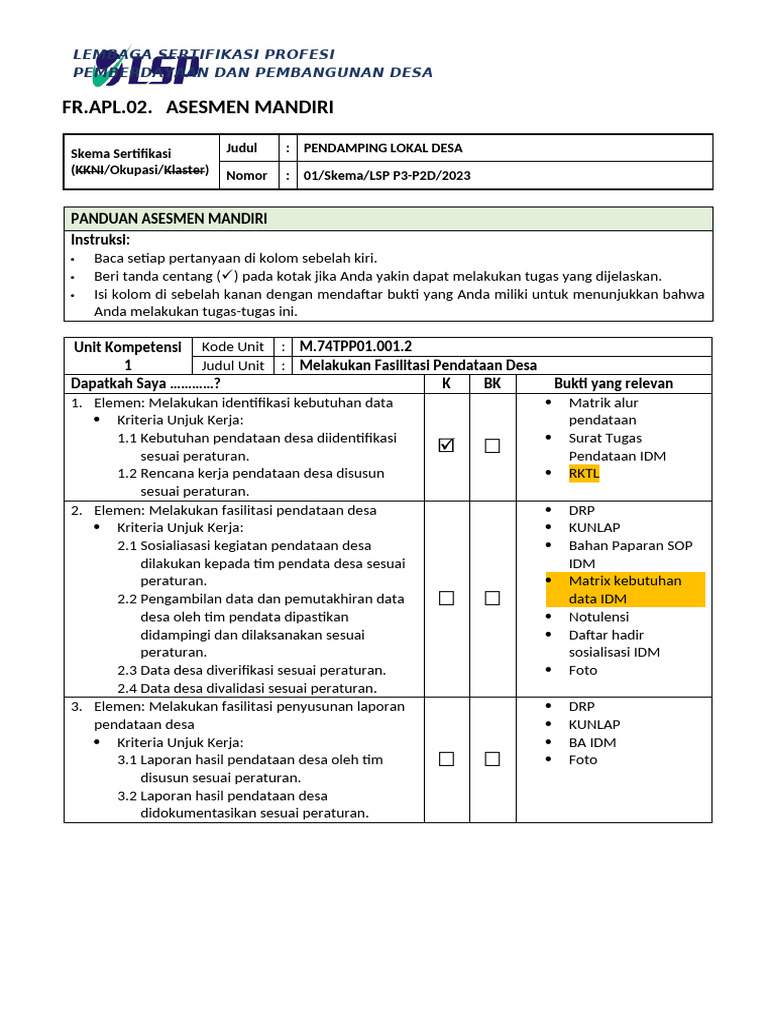 5.1. FR - Apl 02. Asesmen Mandiri Ver 2023 Skema PLD | PDF