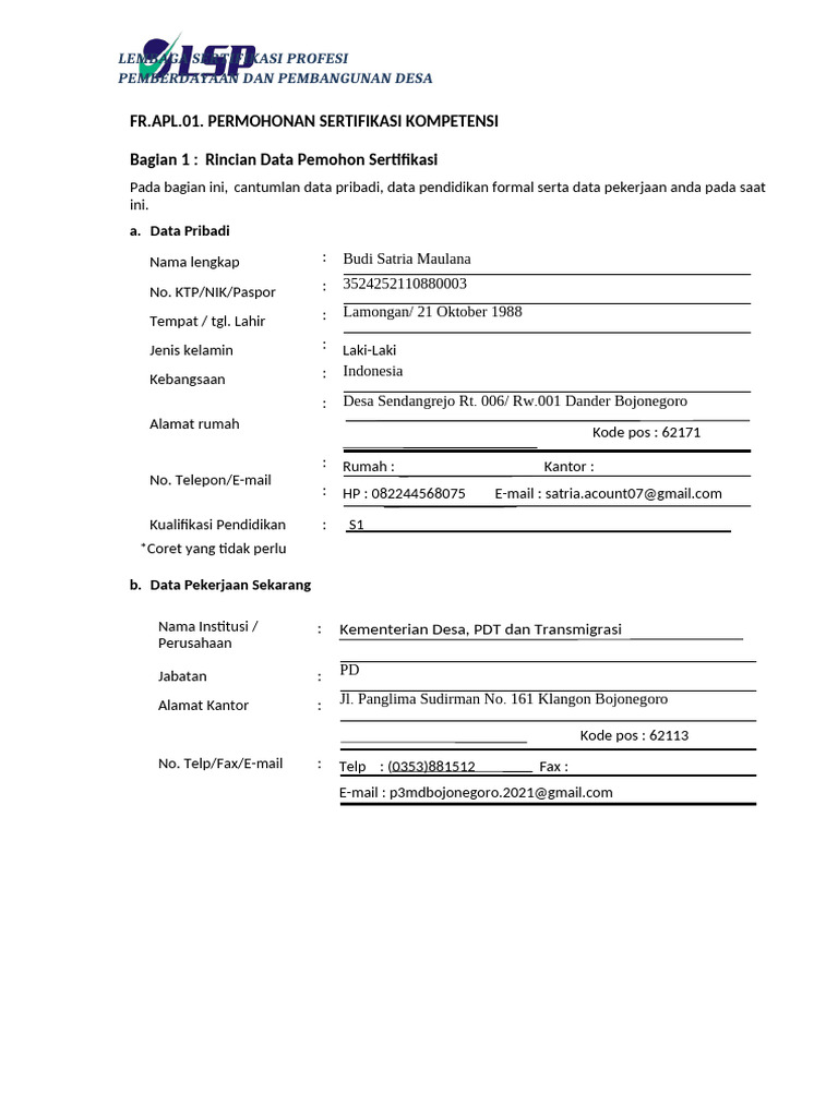 4.1. FR - Apl 01. Permohonan Sertifikasi Kompetensi Ver 2023 Skema PLD | PDF