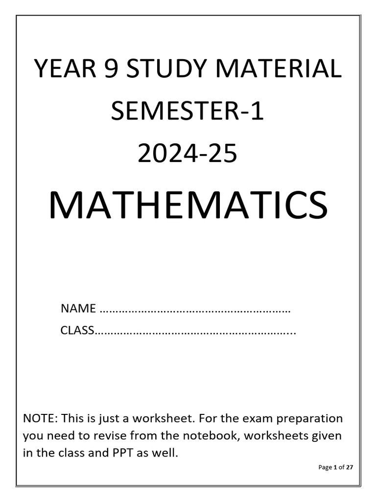 Year 9 Mathematics Study Material 2024 | PDF