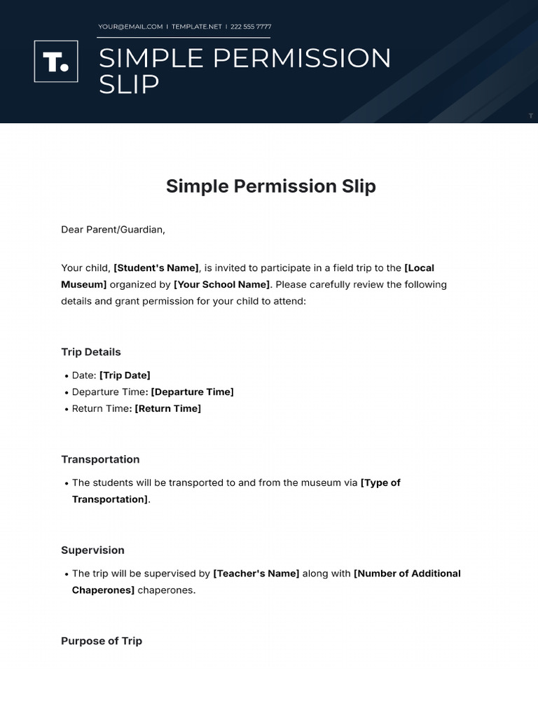 Free Simple Permission Slip Template - Edit Online & Download | PDF