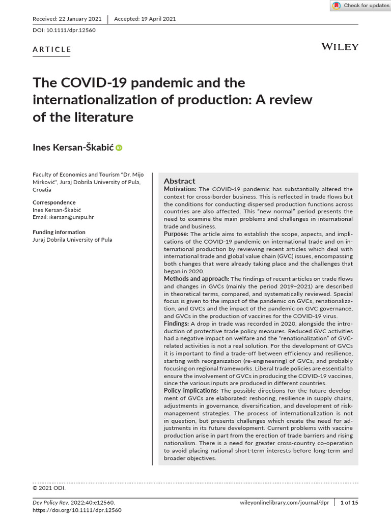 Development Policy Review - 2021 - Kersan Škabić - The COVID 19 ...