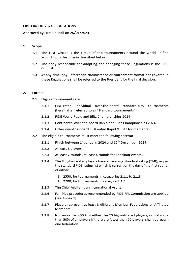 Regulations For FIDE Circuit 2024 | PDF | Tournament | Chess