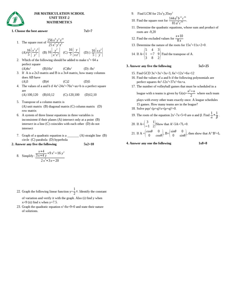 unit test-2 | PDF | Matrix (Mathematics) | Linear Algebra