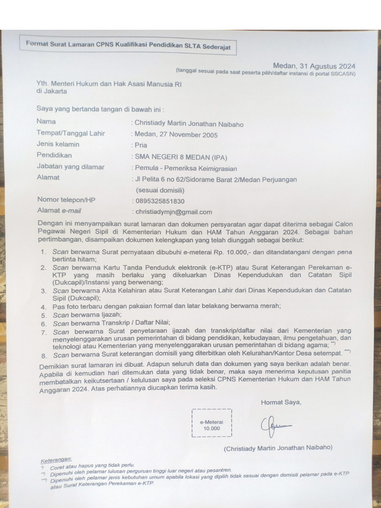 Surat Lamaran Cpns | PDF
