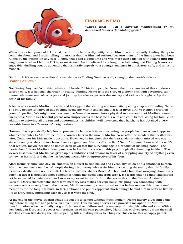 TTL - Finding Nemo Summary | PDF | Art | Mystery, Thriller & Crime Fiction