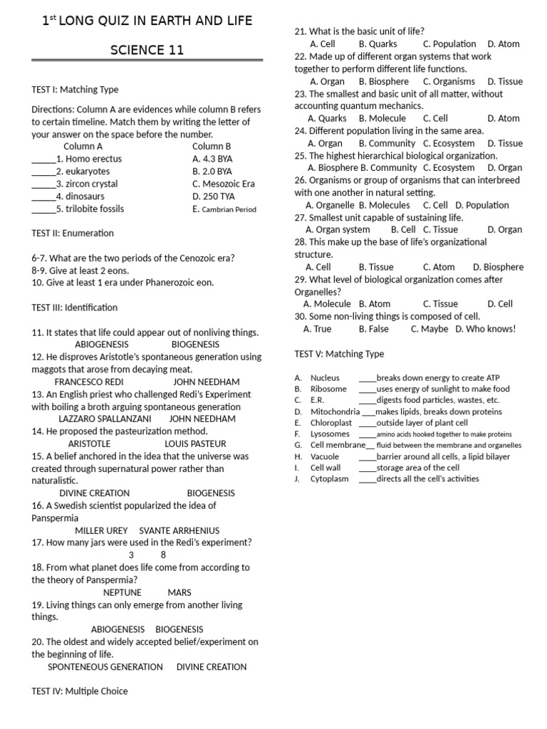 1st LONG QUIZ IN EARTH AND LIFE SCIENCE 11 | PDF | Cell (Biology) | Biology
