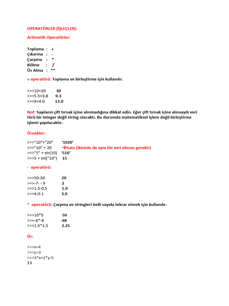 Ozet - Aritmetik Operatörler | PDF