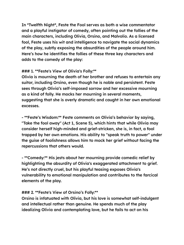 In - Twelfth Night - , Feste The Fool | PDF | Twelfth Night | Jester