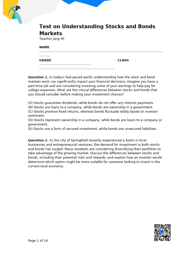 Test On Understanding Stocks and Bonds Markets | PDF | Cost Of Living ...
