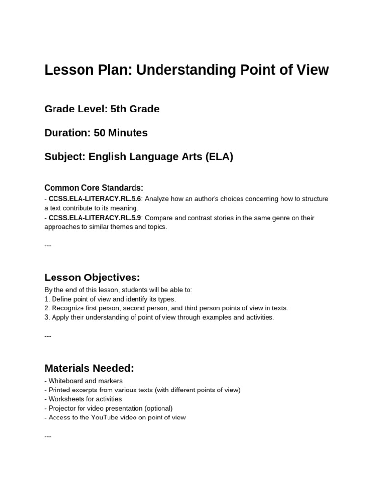 5th Grade Lesson Plan: Point of View | PDF | Narration | Lesson Plan