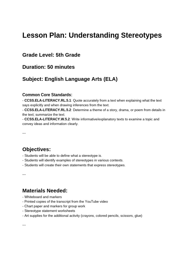 Grade 5 LP in Stereotyping | PDF | Stereotypes | Lesson Plan