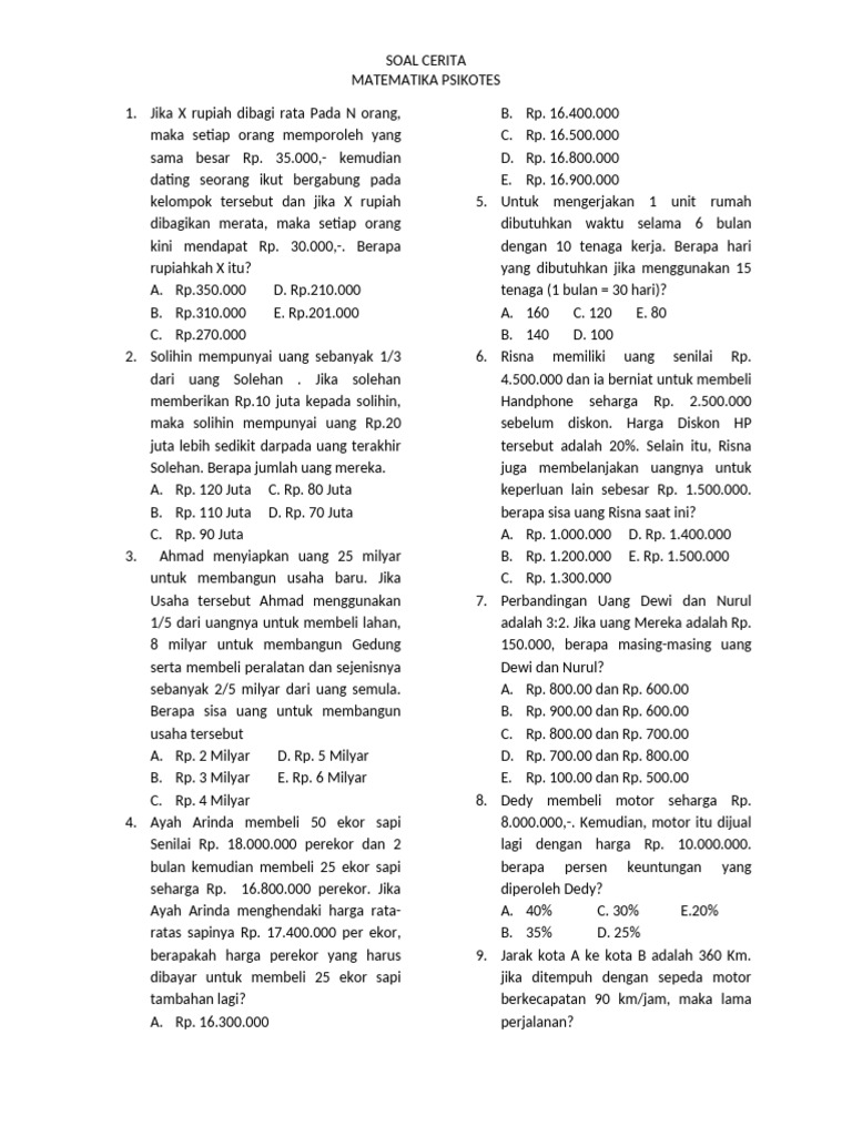 SOAL CERITA 2 MTK Psiko | PDF | Perjalanan