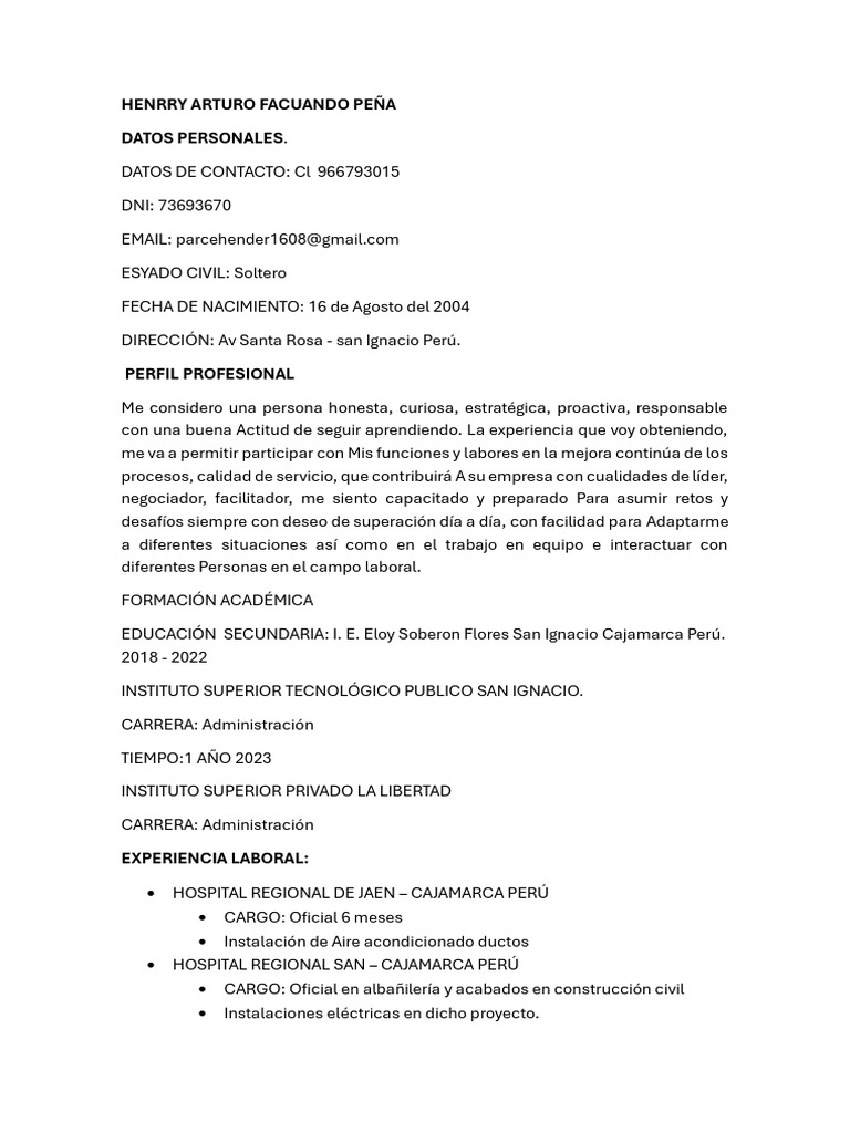 Perfil Laboral de Henry Facundo | PDF | Documento de identidad | Ministerio (Departamento de ...